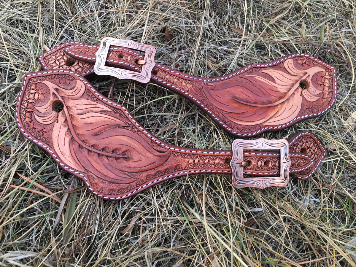 Hand Tooled Feather Spur Straps – Silver Wings Custom Leather